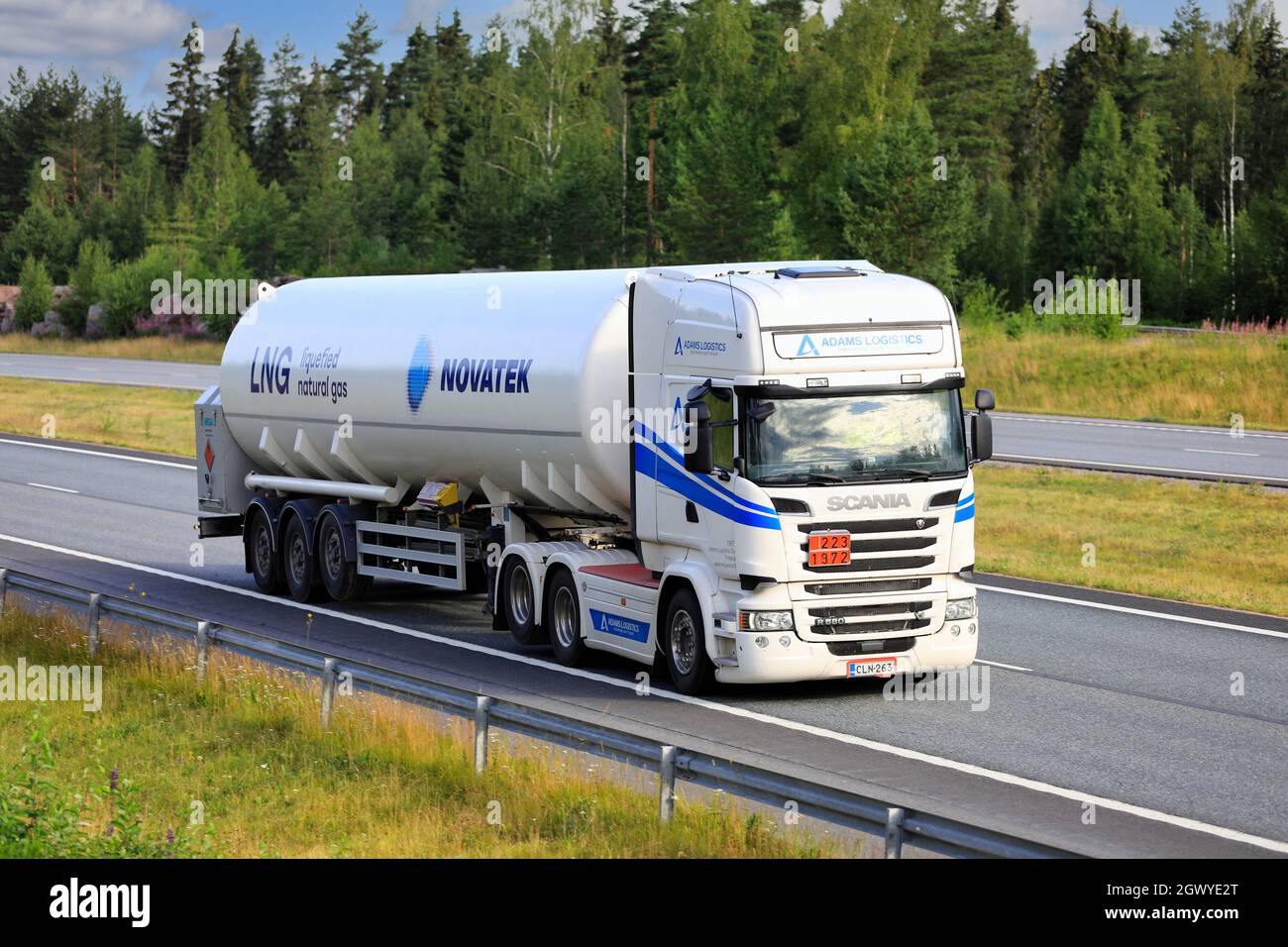 White Scania semi tank truck hauls Novatek LNG, Liquified natural gas ...