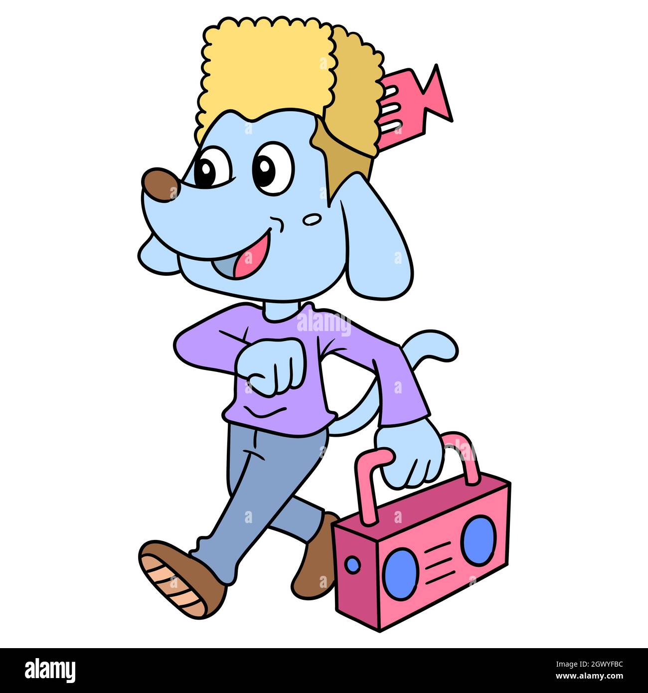 afro haired dog walking with a happy face carrying a radio Stock Vector ...