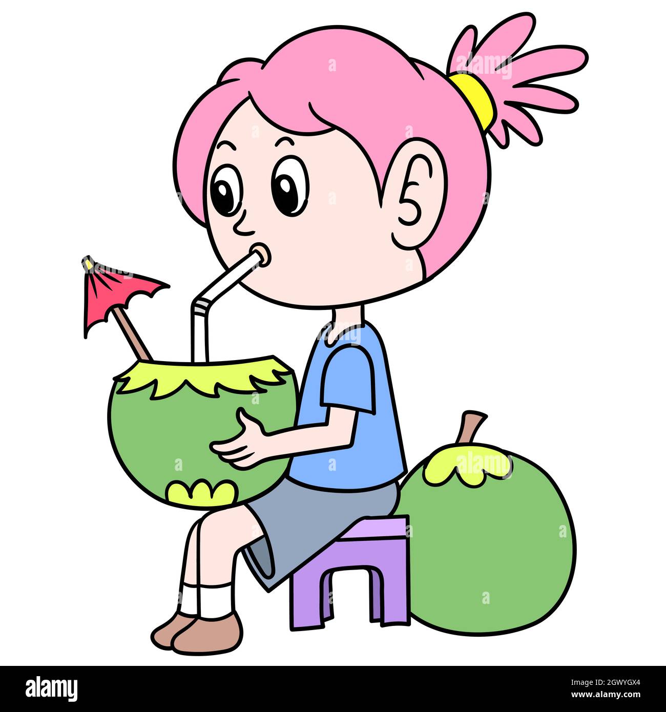 pink haired girl sits drinking young coconut on a hot day Stock Vector ...