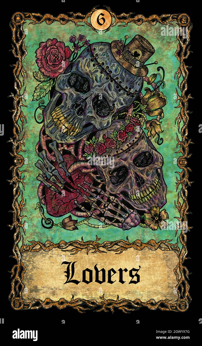 Lovers. Major Arcana tarot card with skull over antique background. Mystic art, Halloween ...