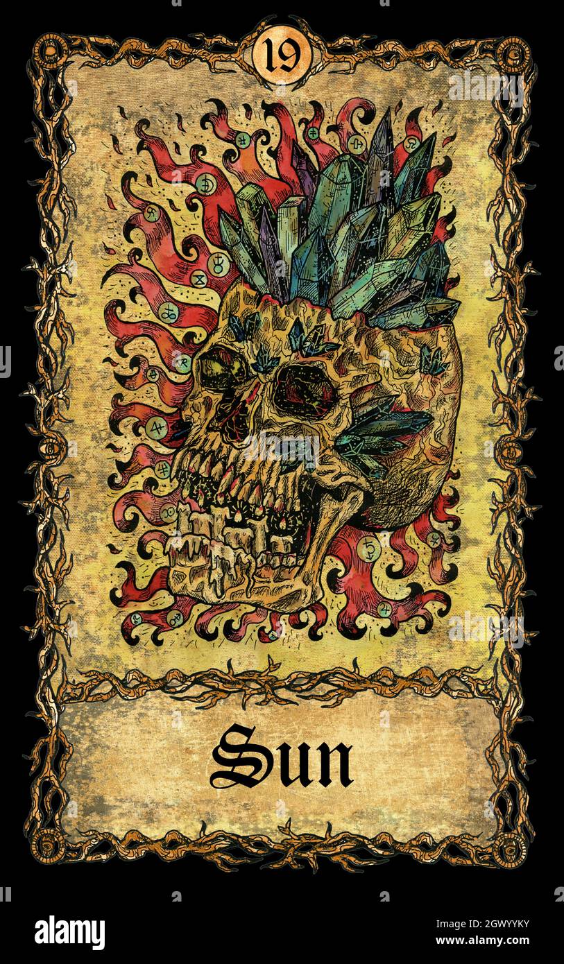 Sun. Major Arcana tarot card with skull over antique background. Mystic art, Halloween ...