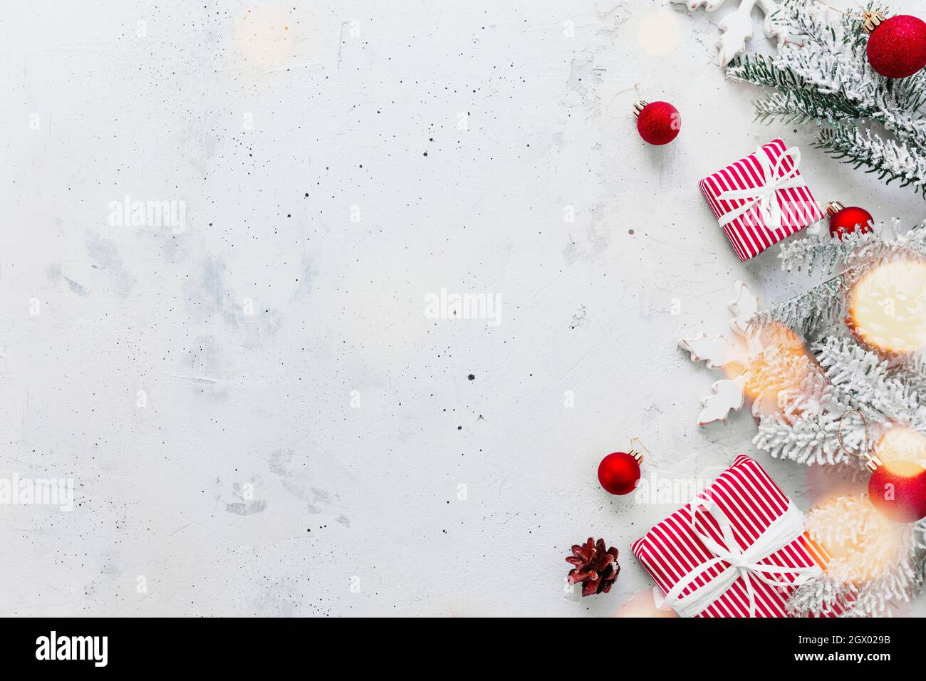 Christmas and New Year flat lay with two red white striped present gift ...