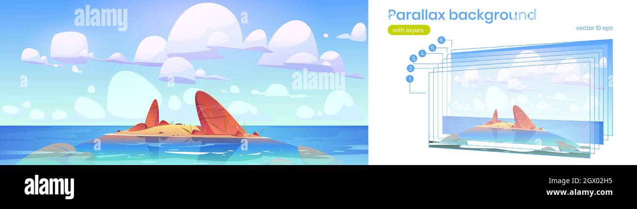 Sea landscape with small sand island with stones in water. Parallax ...