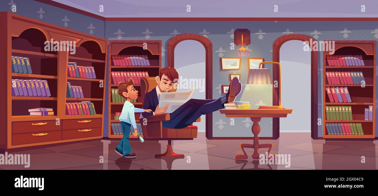 Son and father at home library. Son trying to attract attention of busy ...