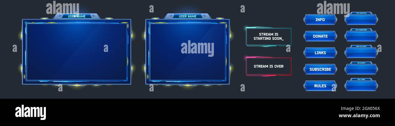 Space stream overlay, game twitch ui frame. Streaming screen, gamer username panels, menu and ...