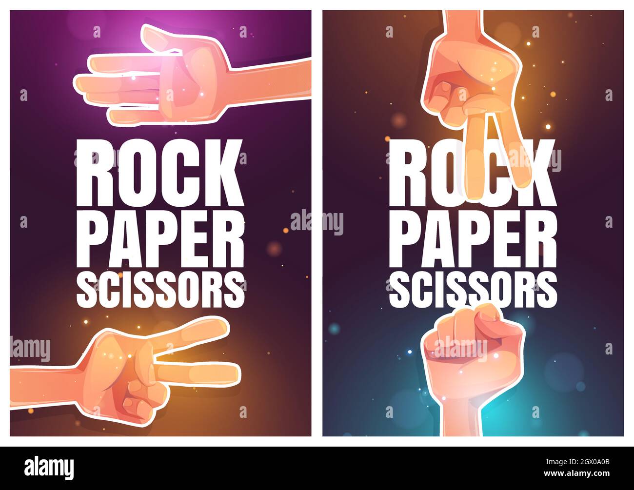Rock, paper, scissors posters with palm and hands in fist and victory ...