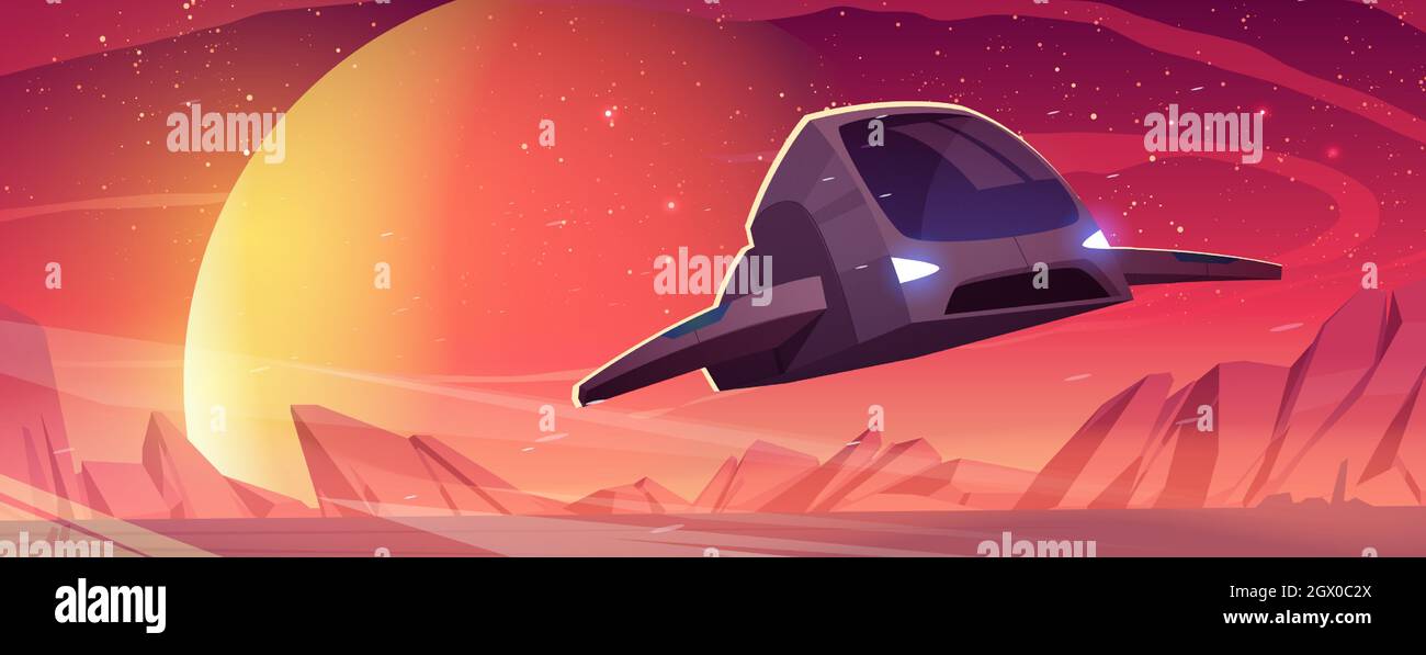 Spaceship fly above alien planet surface. Vector cartoon illustration ...