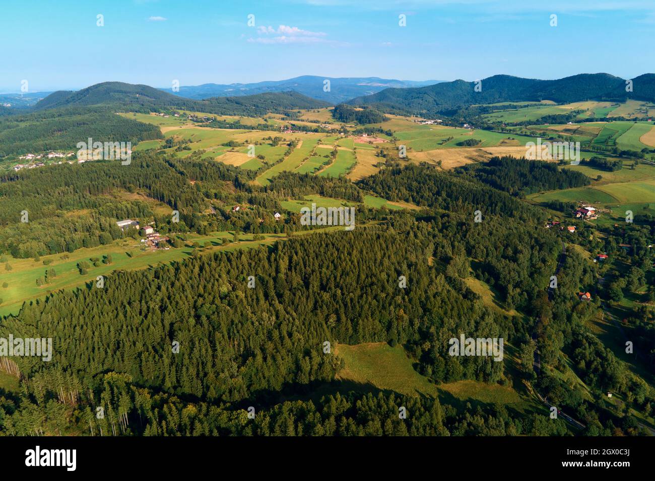 Aerial panorama village mountain valley sunset hi-res stock photography ...