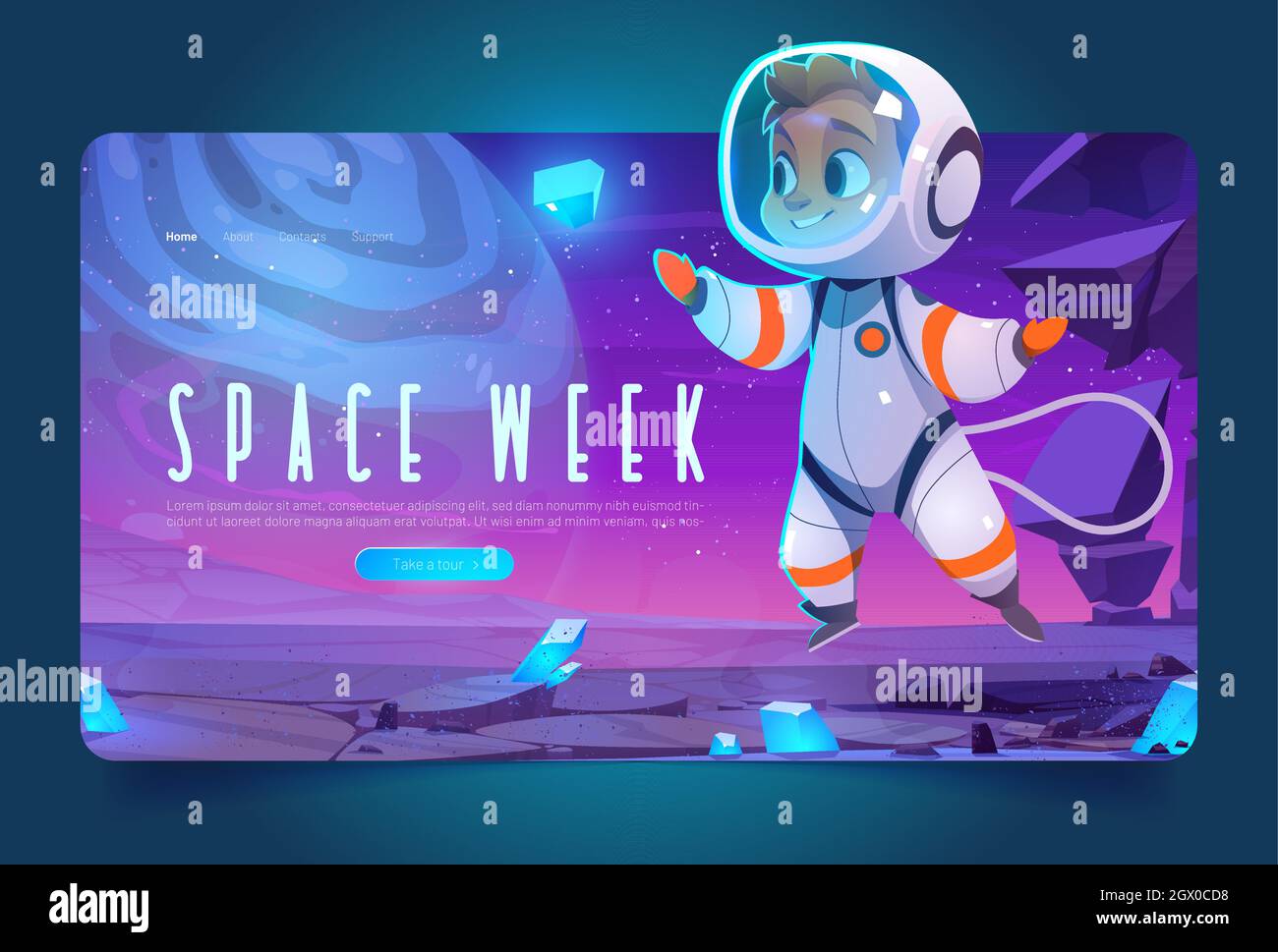 World space week banner with cute spaceman in cosmos. Vector landing ...