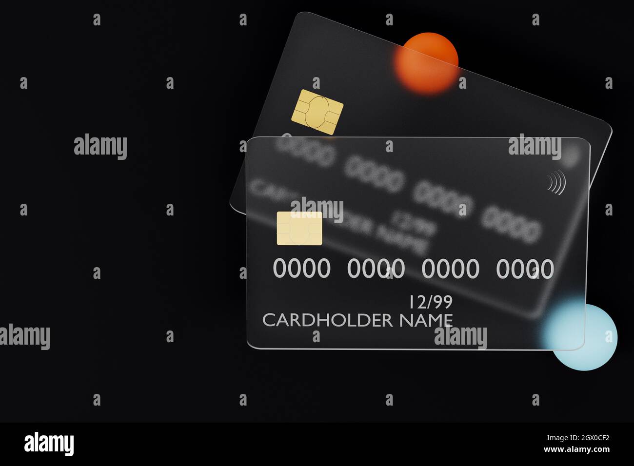 Two transparent glass credit cards on black background. Bank card mock ...