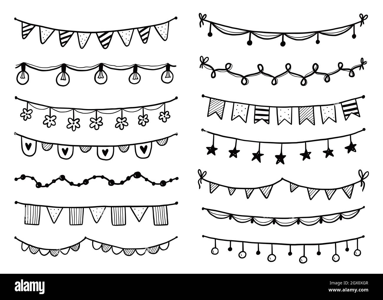 Party garland set with flag, bunting, pennant. Hand drawn sketch doodle ...