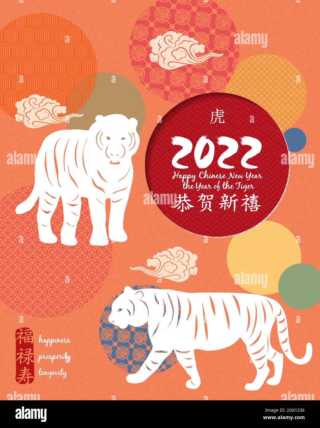 Chinese New Year 2022 festive vector card. Design with tigers, zodiac ...