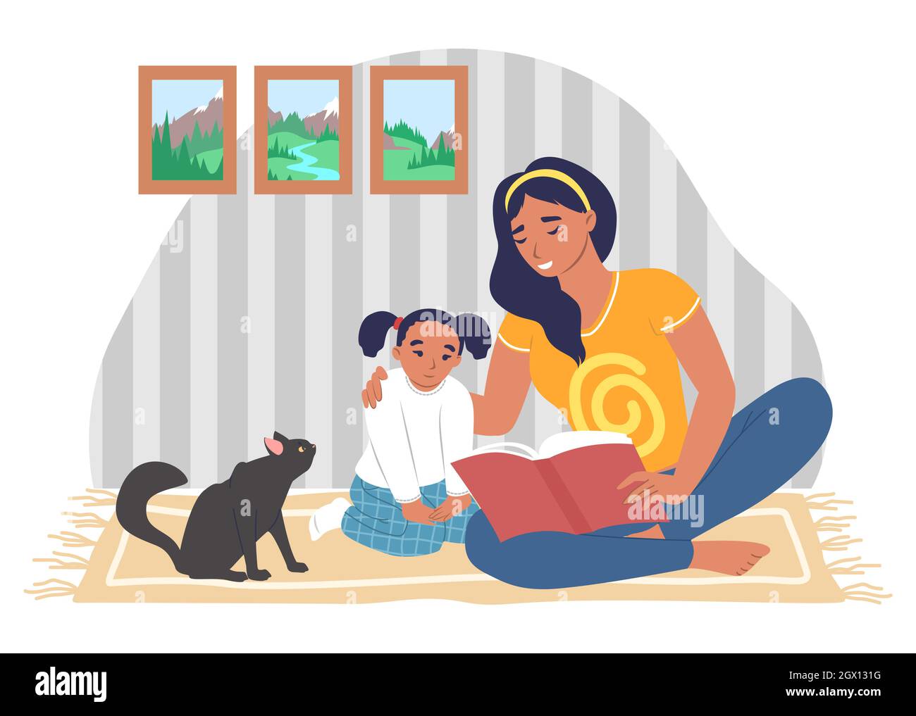Happy mother reading book with daughter sitting on carpet, vector ...