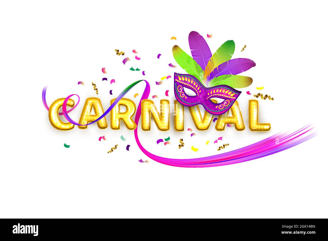 Colorful lettering of Carnival with party elements decorated on white ...