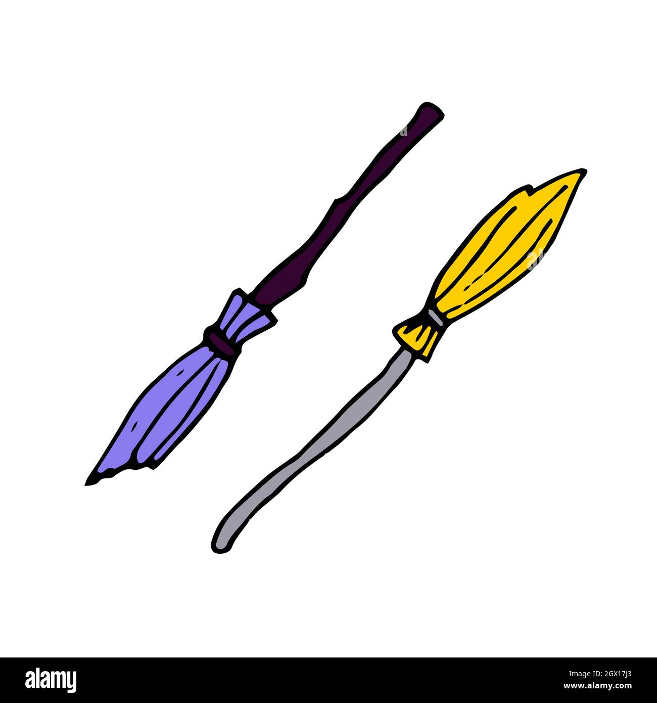 Doodle Halloween brooms Set. Outline witchcraft broomstick isolated on ...