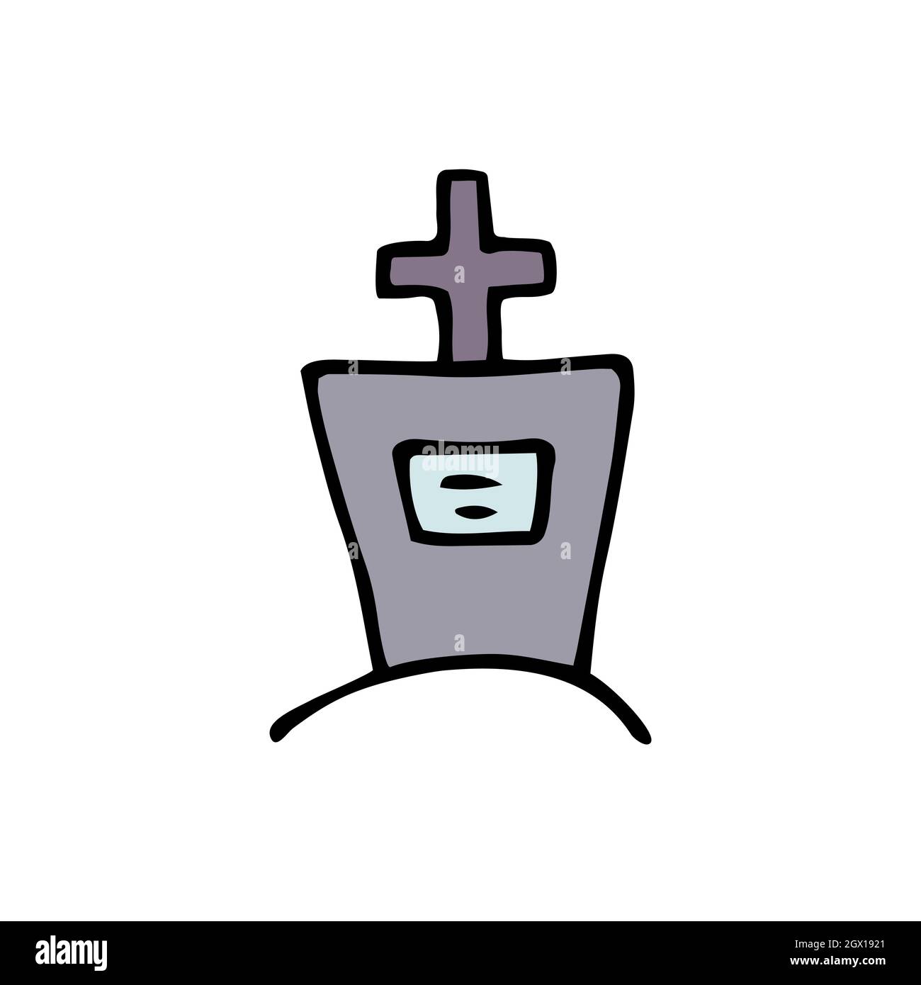 Vector doodle cross. Outline grave isolated on white background. Headstone, cross on the tomb on ...