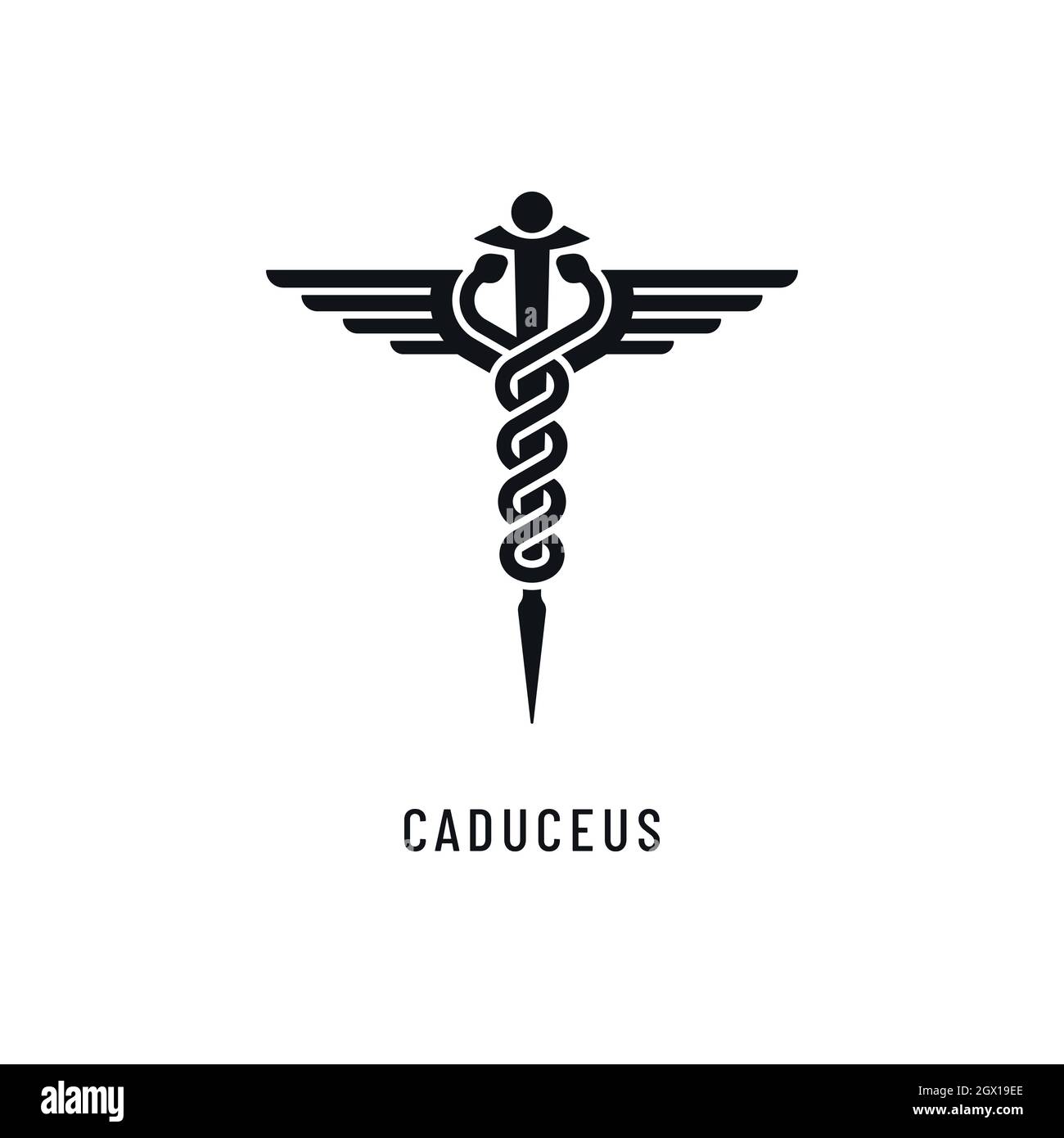 Caduceus icon with spiral snakes, wings and human shape. Medical vector logo design Stock Vector ...