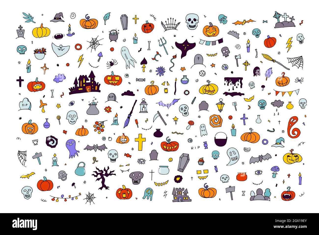 Big Doodle Happy Halloween set. Hand-drawn ghost, pumpkin, candles ...