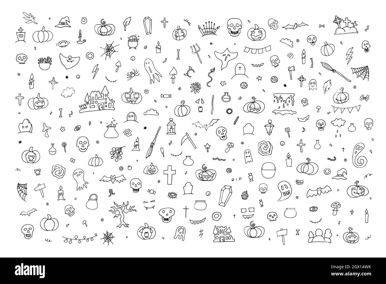 Big Doodle Happy Halloween set. Hand-drawn ghost, pumpkin, candles ...
