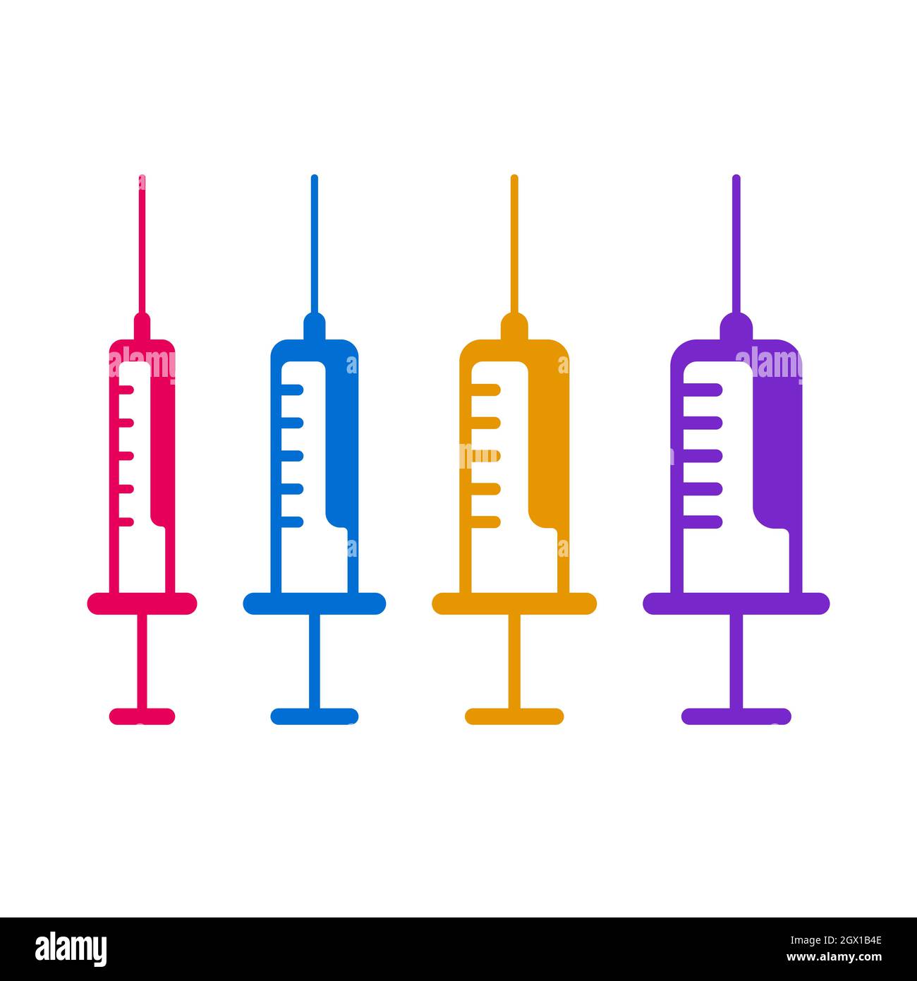 Flat disposable syringe shapes in various sizes and colors. Vaccine ...
