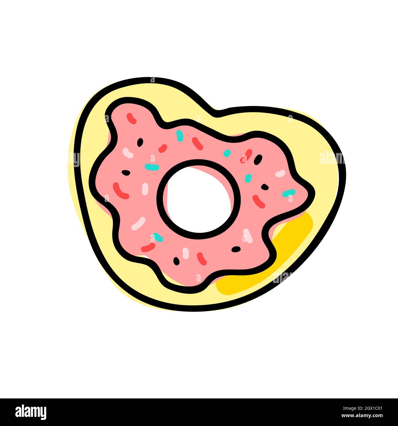 Doodle heart-shaped donut with sprinkles. Hand-drawn pink cute dessert ...