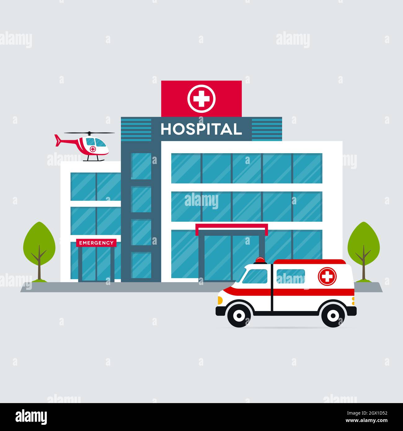 Hospital building front view with ambulance car and helicopter on white ...
