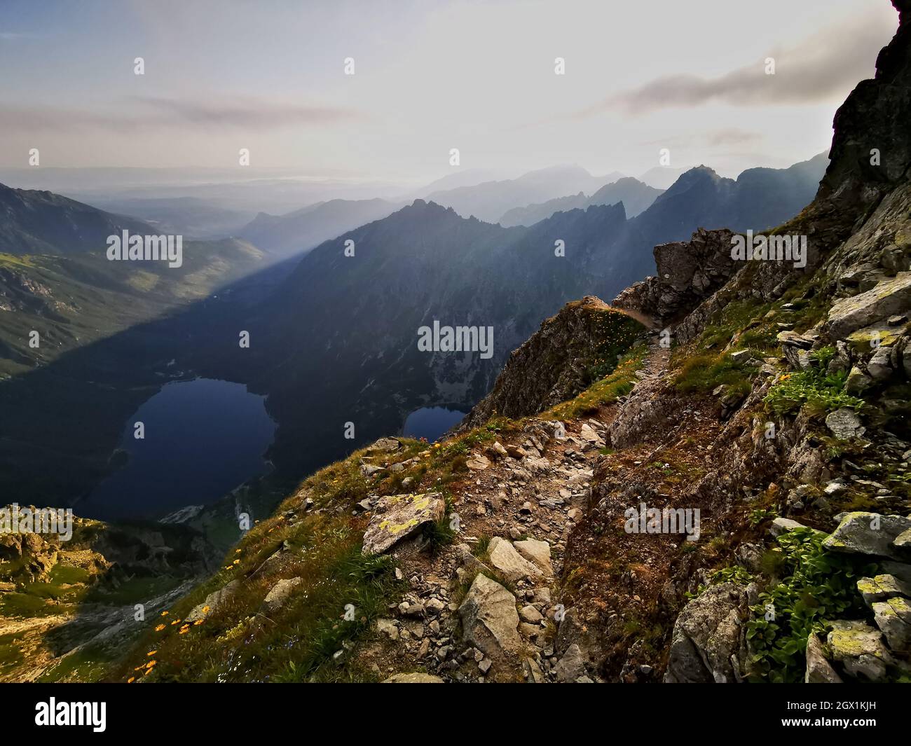 Mountain Trail In The Morning. Mountain Landscape With The Rising Sun ...