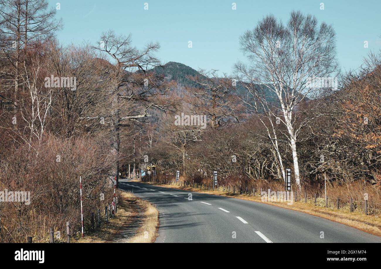 Mountain road at autumn in Nikko, Japan. Nikko offers beautiful scenery ...