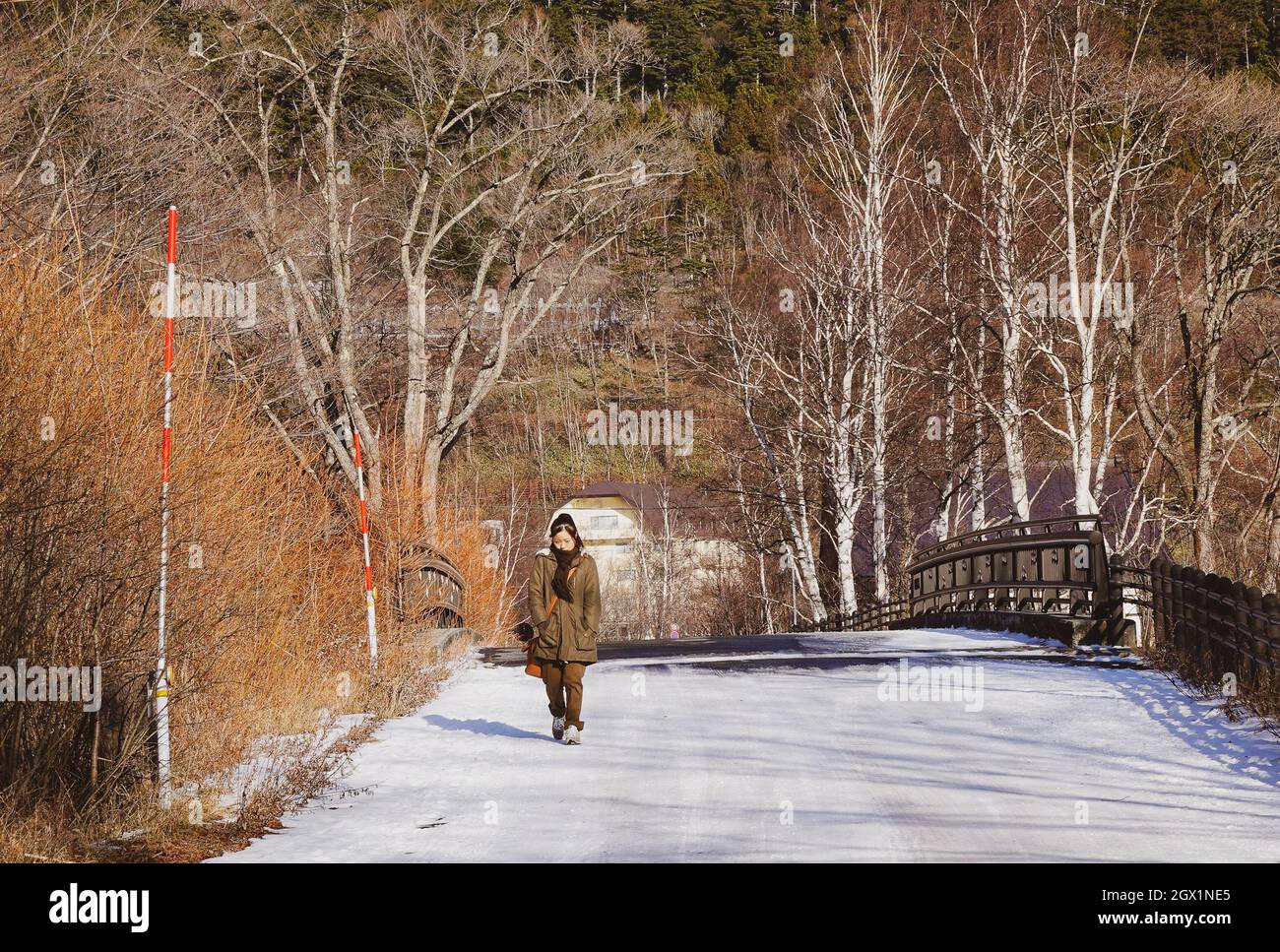 Traveler at winter forest of Nikko, Japan. Nikko is famous for its ...
