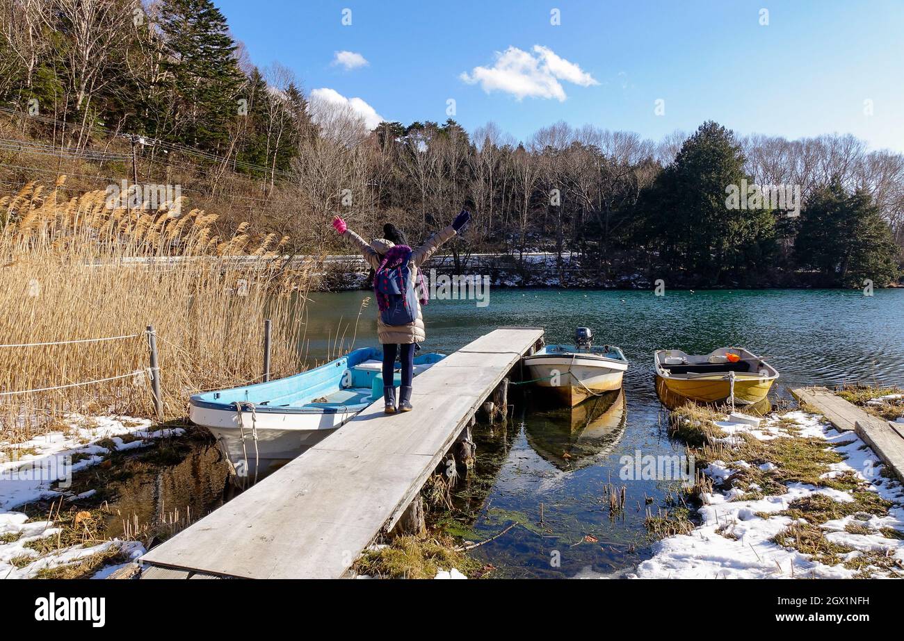 Lake scenery at winter in Nikko, Japan. Nikko is famous for its ...