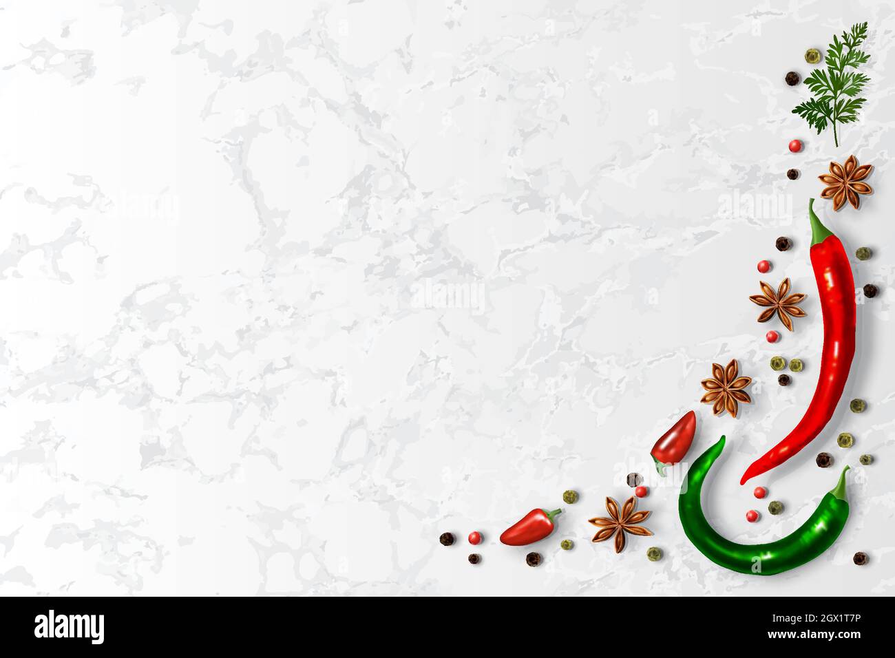 Assortment of spices on white marble background with copy space for ...