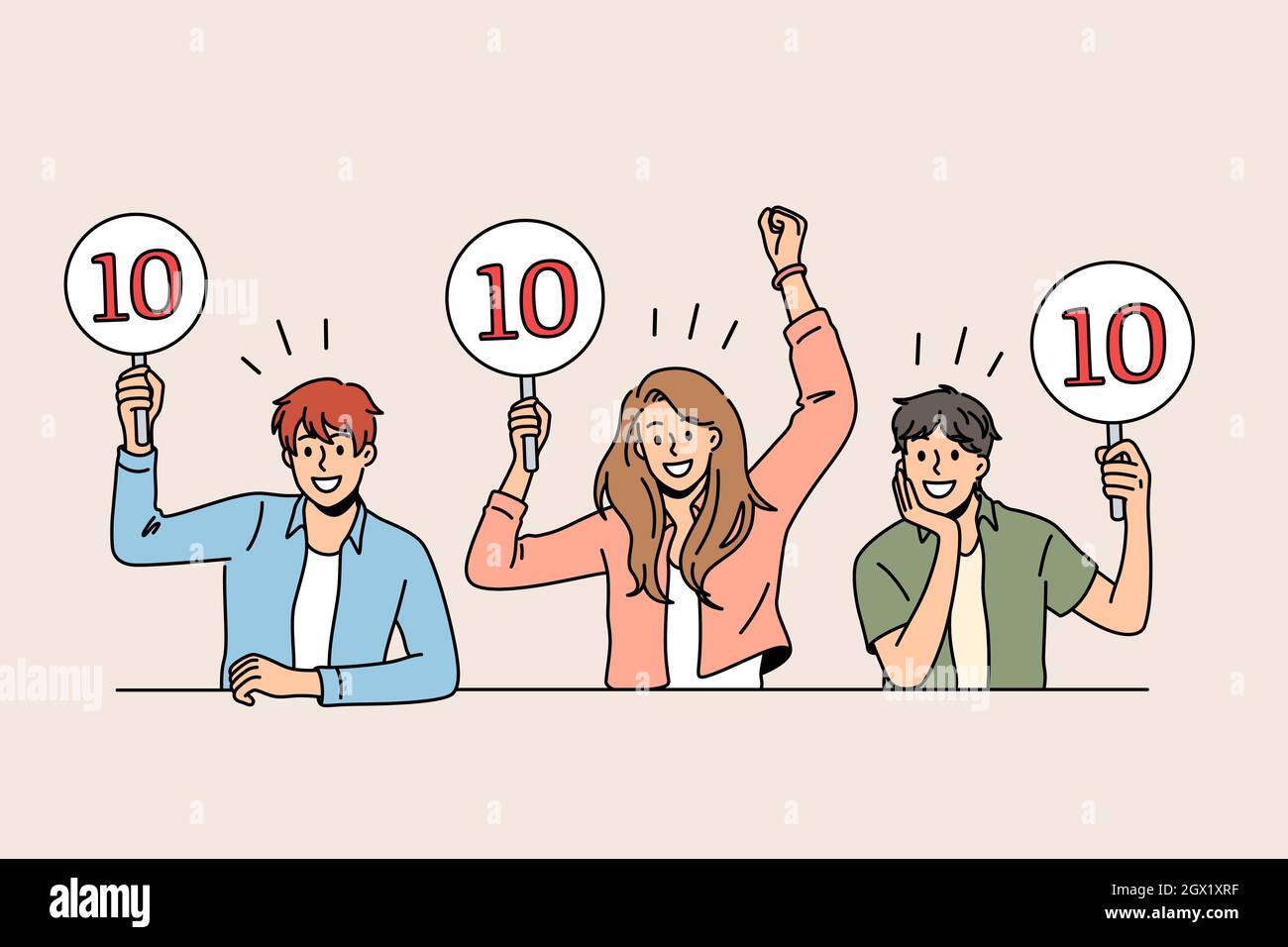 Working as jury of contest concept. Group of young smiling people ...