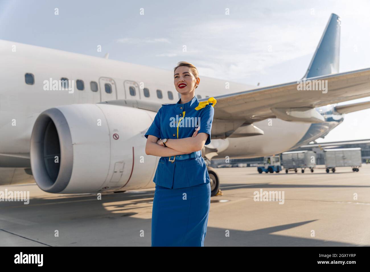 Happy female flight attendant posing near big plane Stock Photo - Alamy