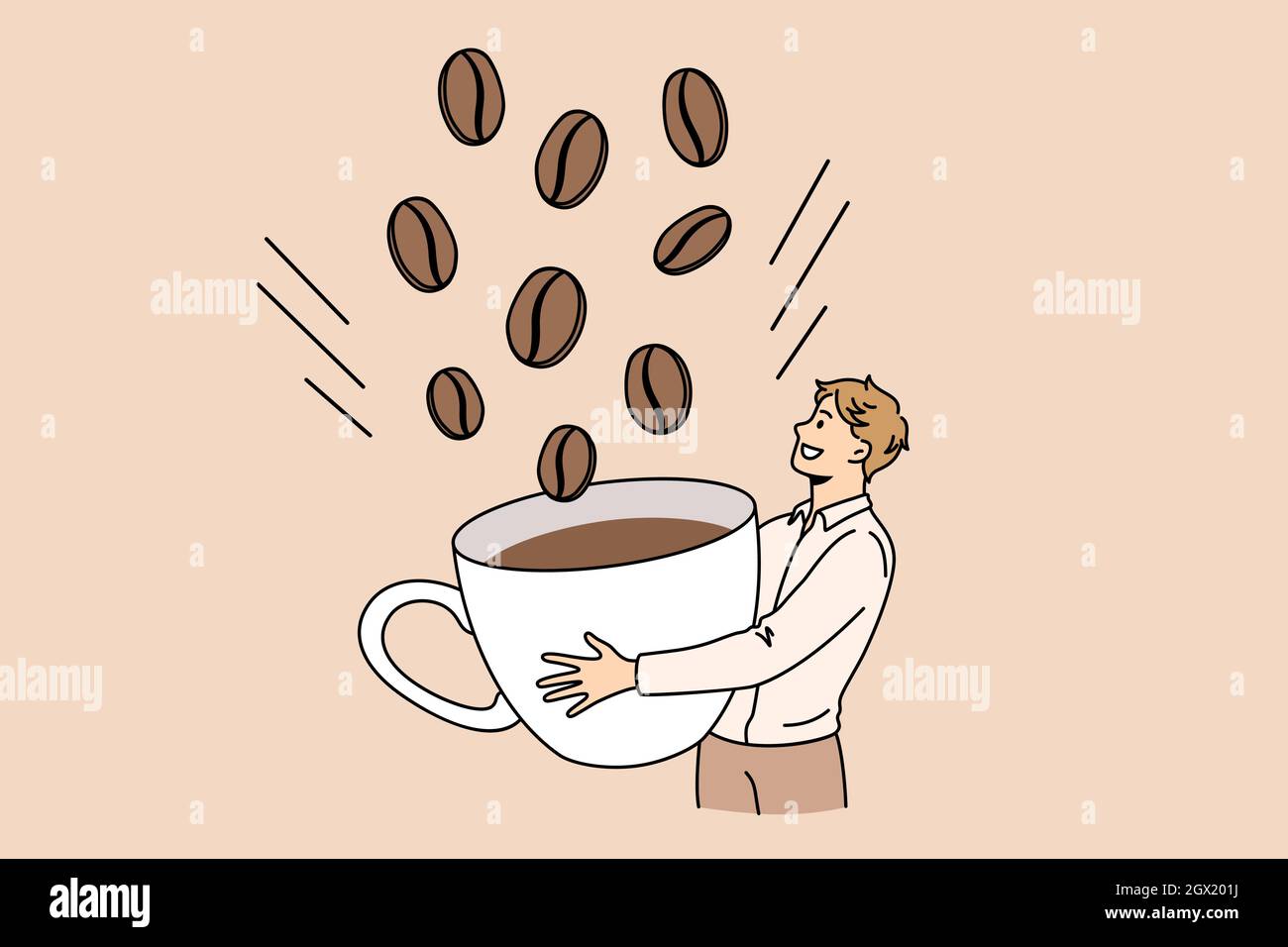 Energy coffee drink breakfast concept. Young smiling man cartoon ...