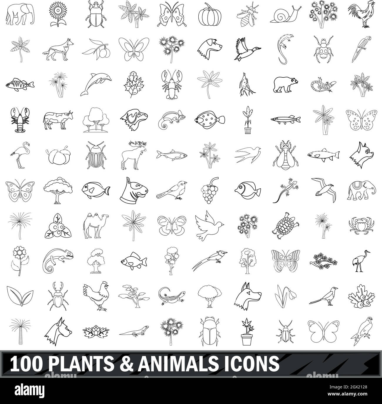 100 plants and animals icons set, outline style Stock Vector Image ...