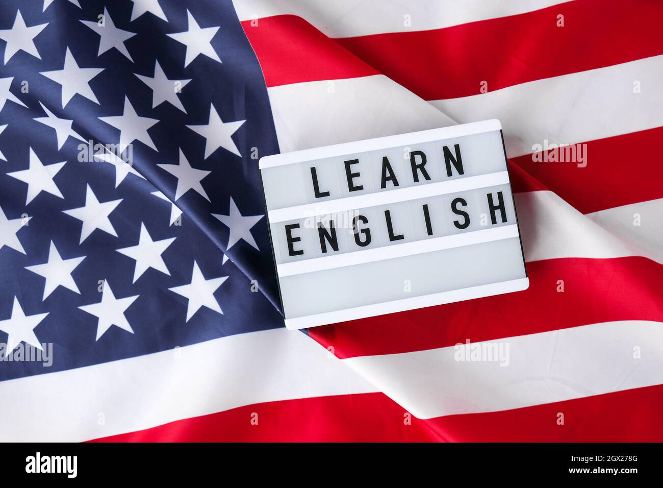 American flag. Lightbox with text LEARN ENGLISH Flag of the united ...