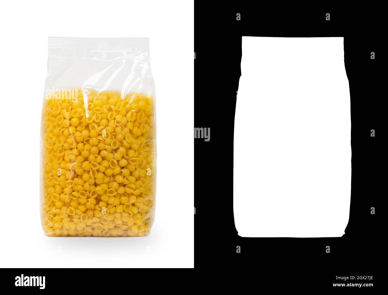 Transparent plastic pasta bag shells on white background. With alpha ...
