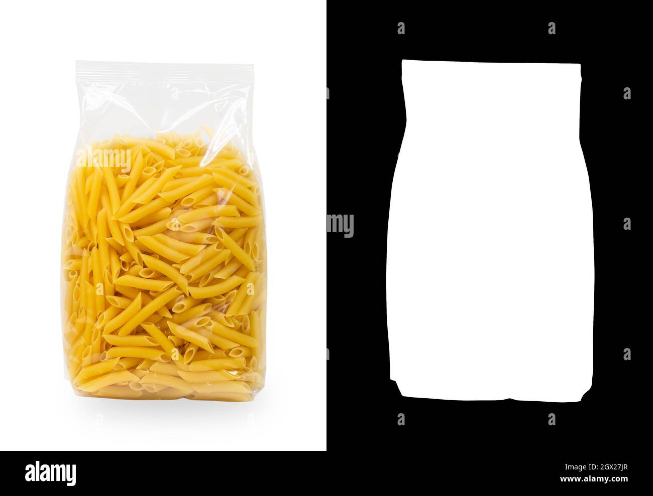 Transparent plastic pasta bag penne rigate on white background. With ...