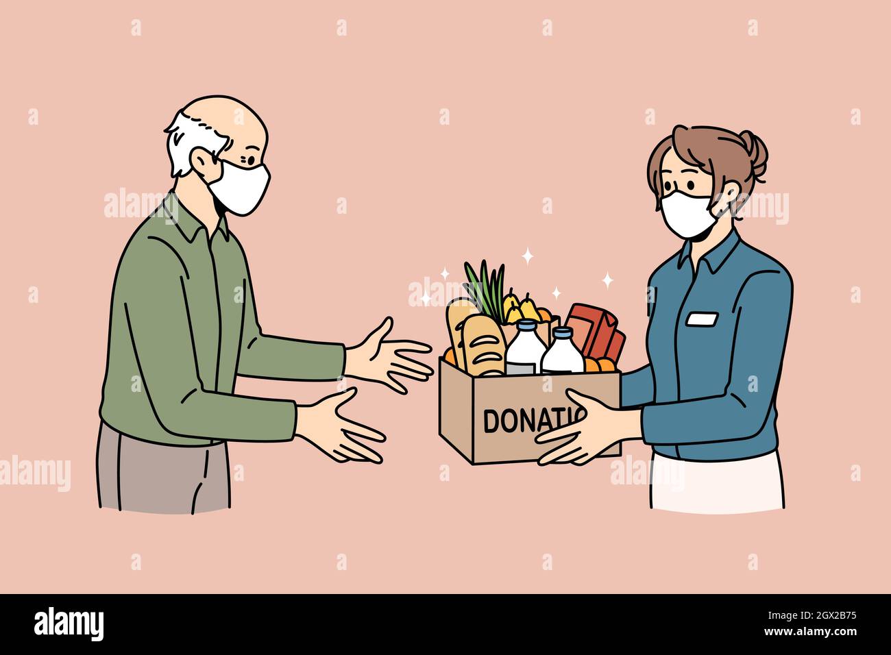 Charity and donating food concept. Young woman volunteer in medical ...