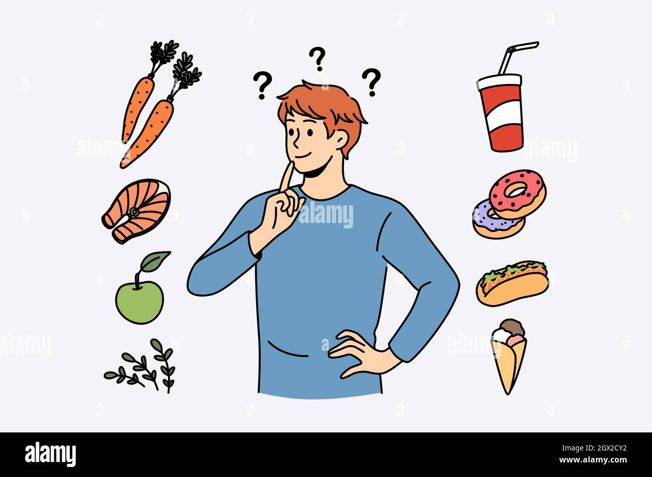 Food and diet choice concept. Young smiling man cartoon character ...
