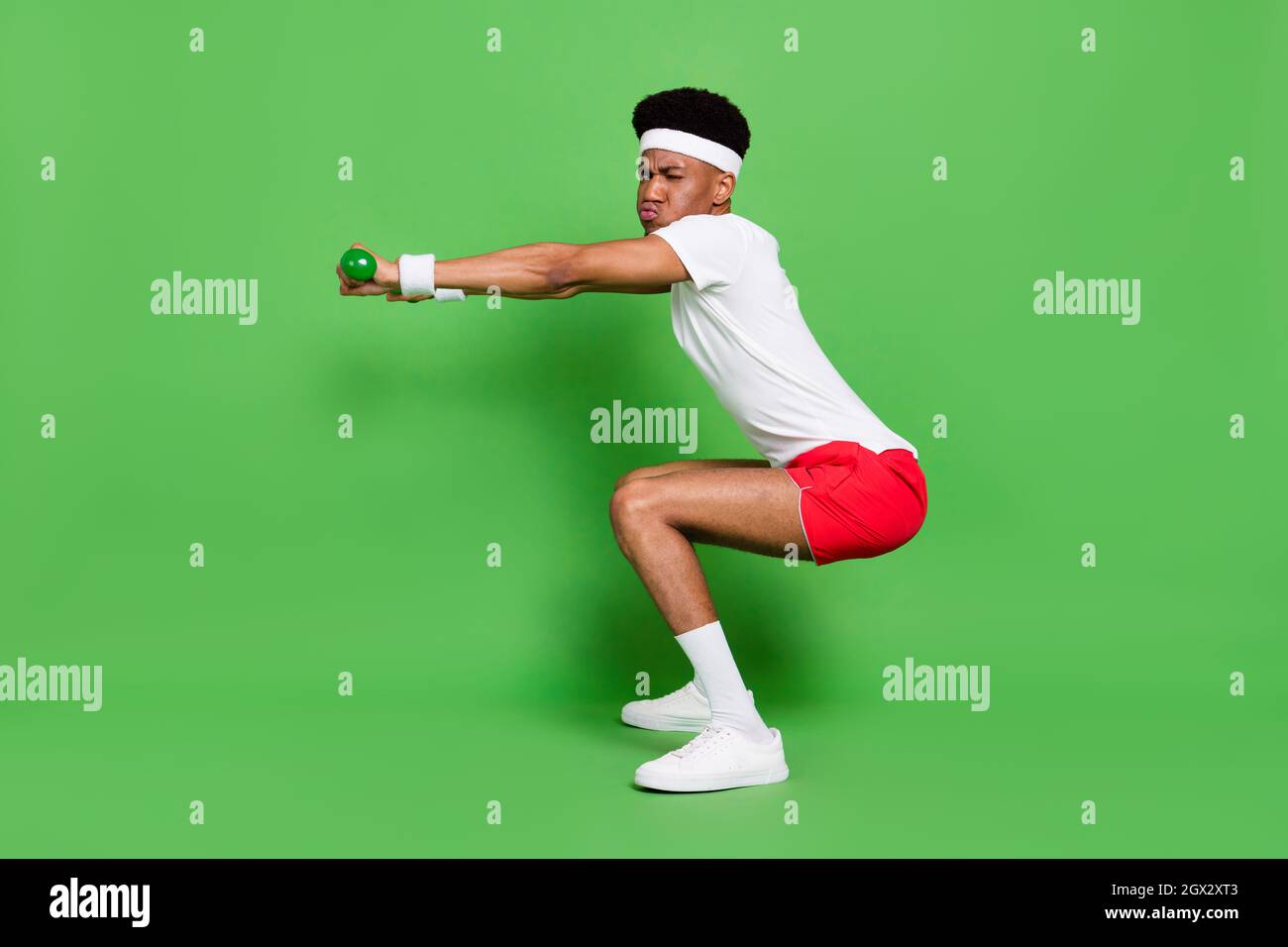 Full length photo of serious tired dark skin man wear white t-shirt ...