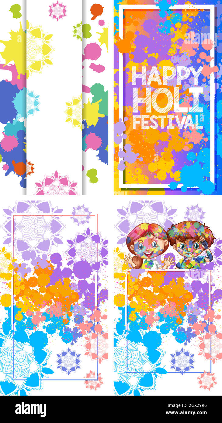 Four frame designs for Holi festival with colorful watercolor paints ...