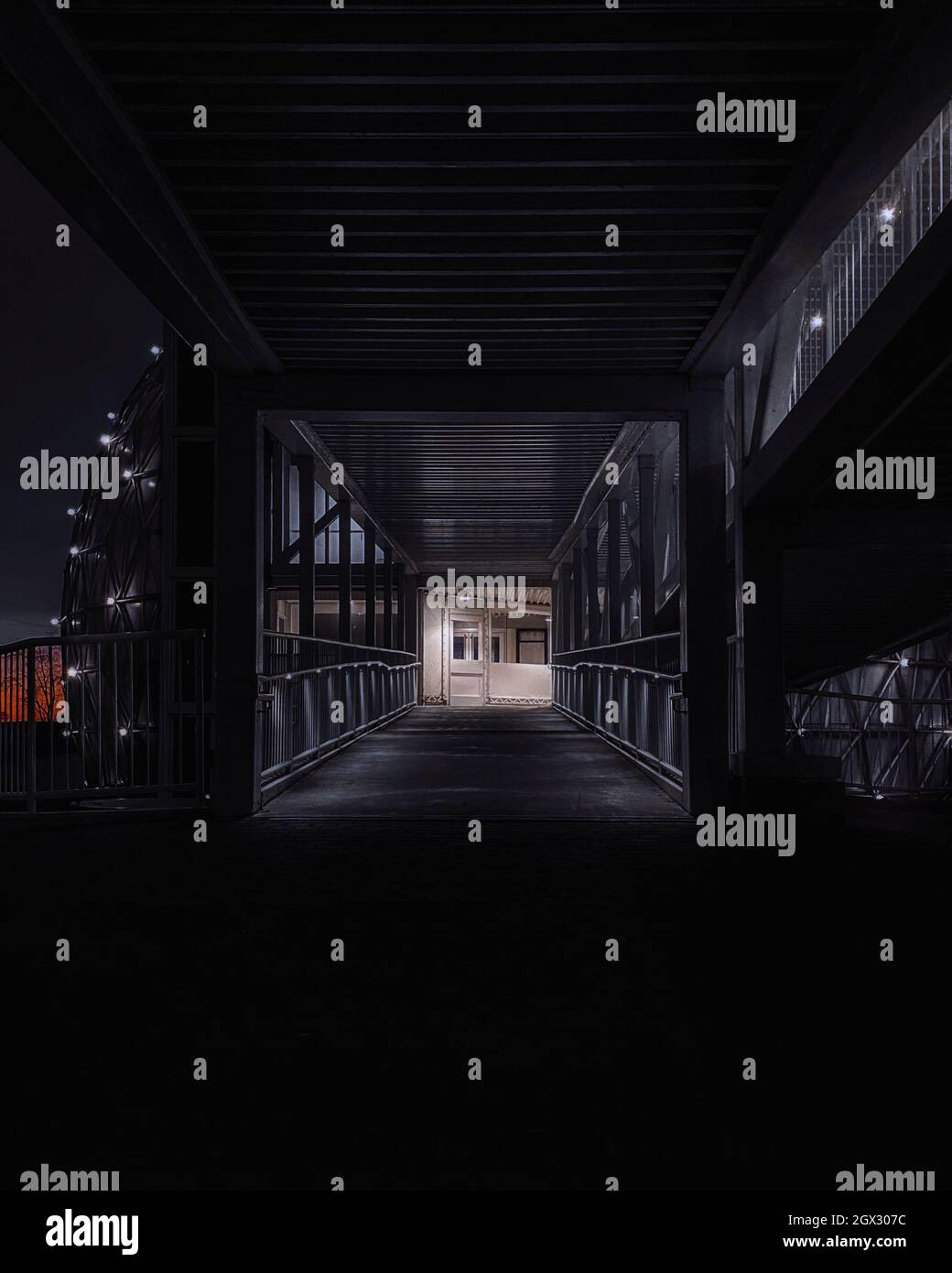 Empty Illuminated Bridge Tunnel At Night Stock Photo - Alamy