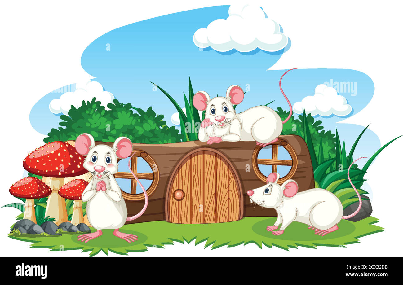 Timber house with three mouses cartoon style on white background Stock ...