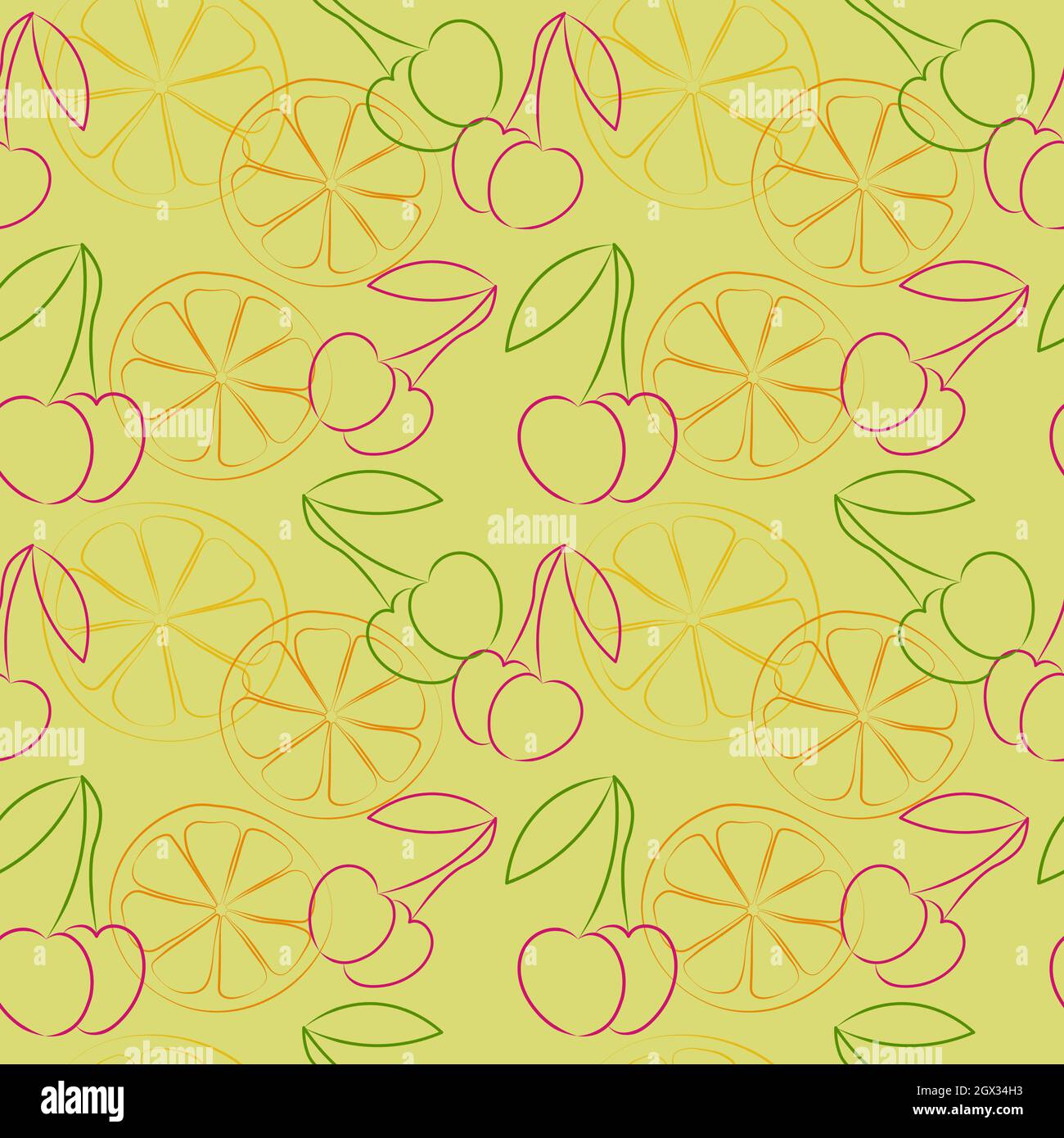 Seamless pattern with fruits cherries and lemon drawing in outline ...