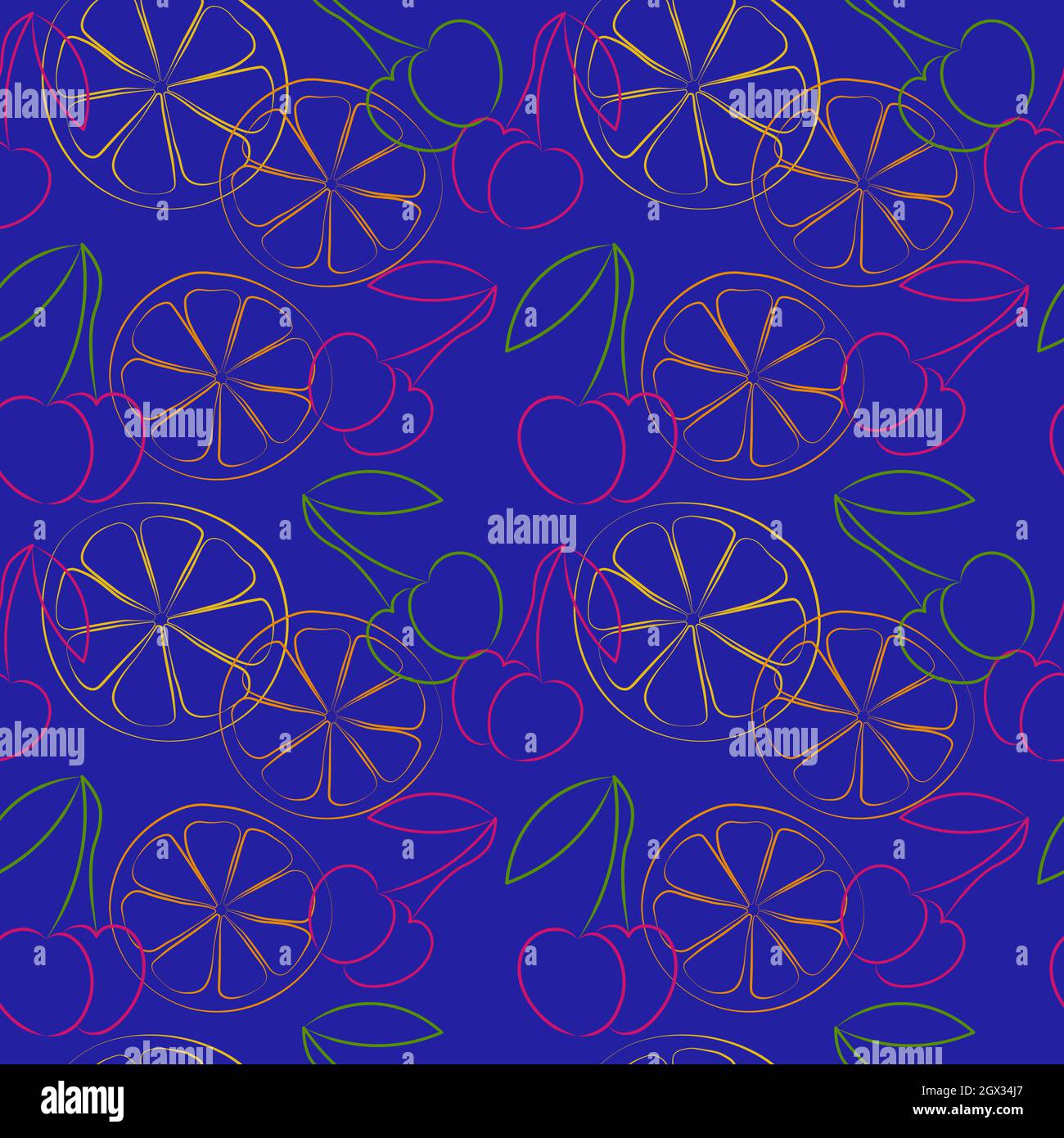 Seamless pattern with fruits cherries and lemon drawing in outline ...