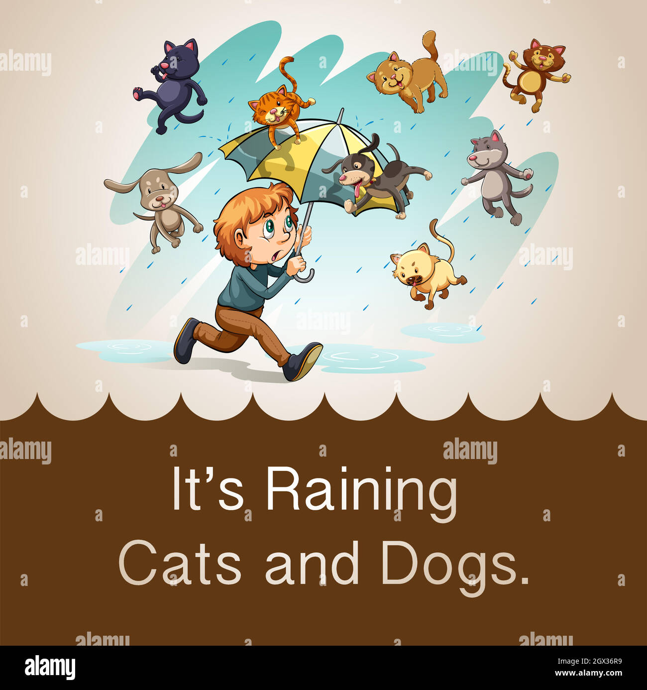 Cartoon Pets Playing In The Rain