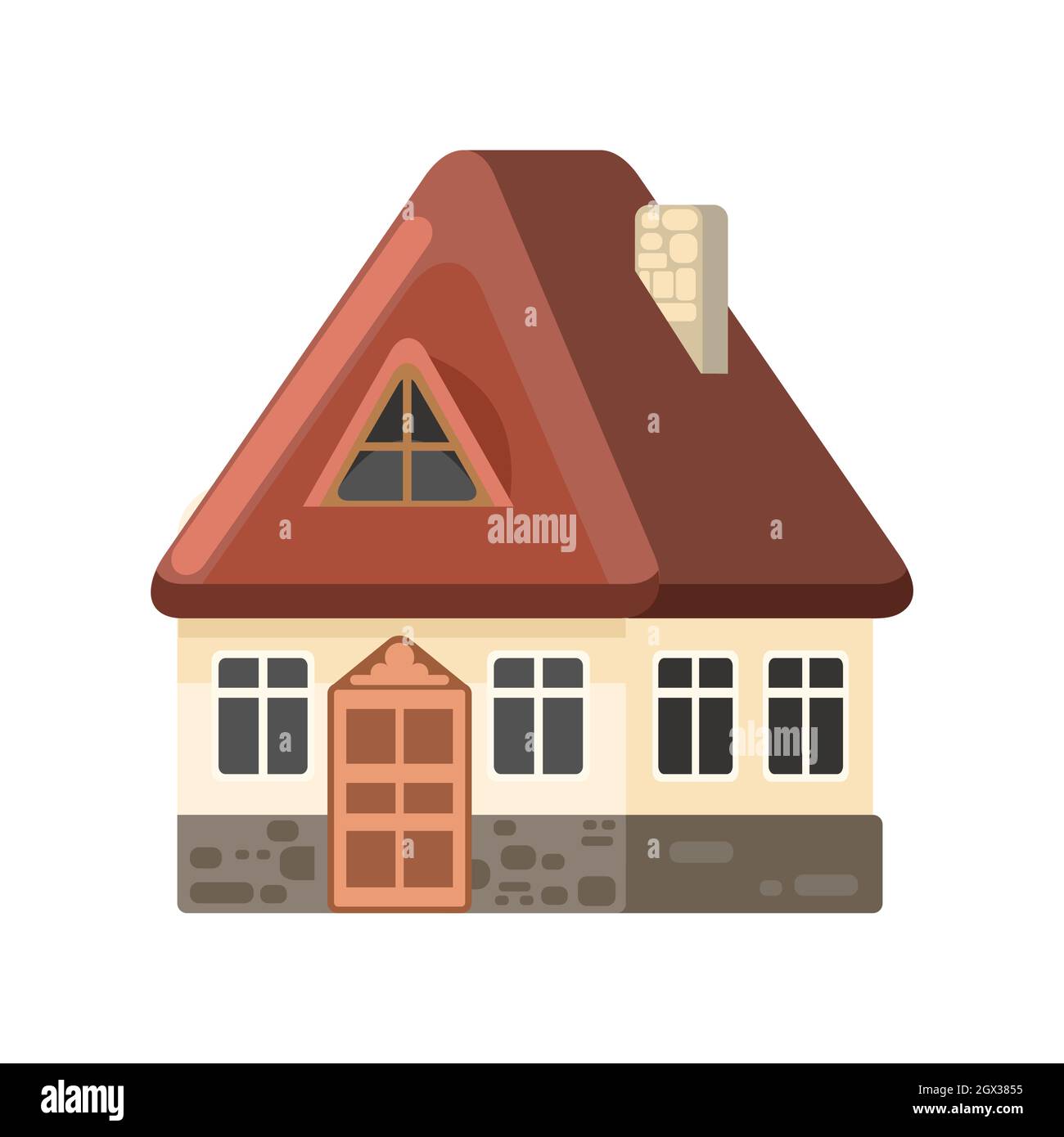 Small country house with light stone wall and brown roof. Funny cartoon ...