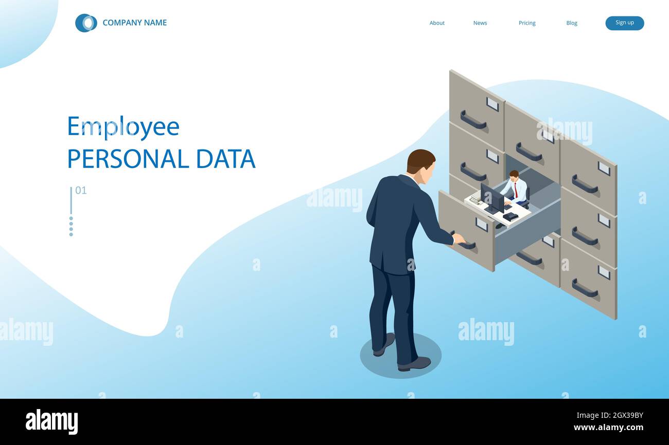 Isometric Employee personal data concept. Man analyzes the database of ...