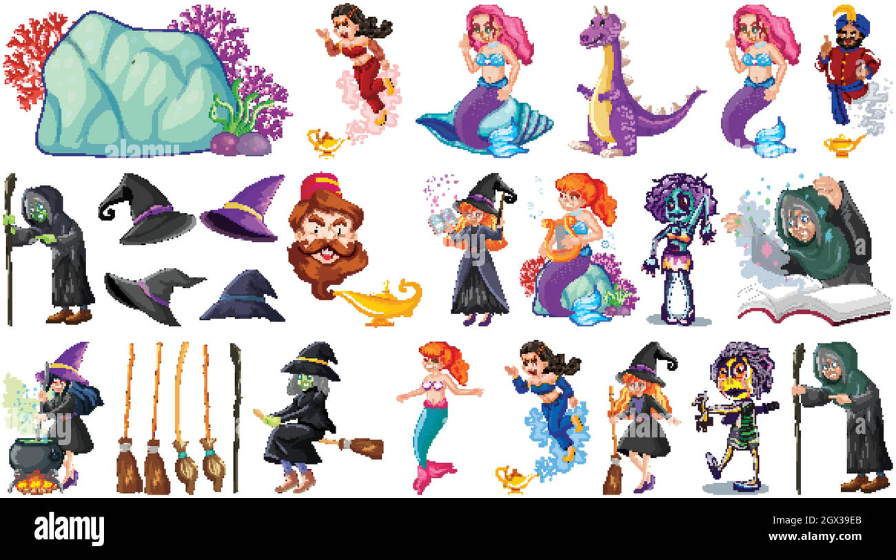 Set of fantasy cartoon characters and fantasy theme isolated on white ...